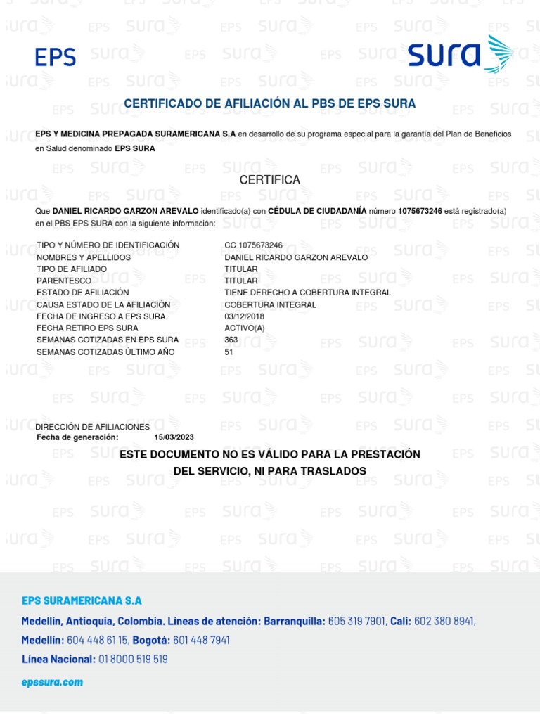 Certificado EPS SURA DANIEL GARZON | PDF