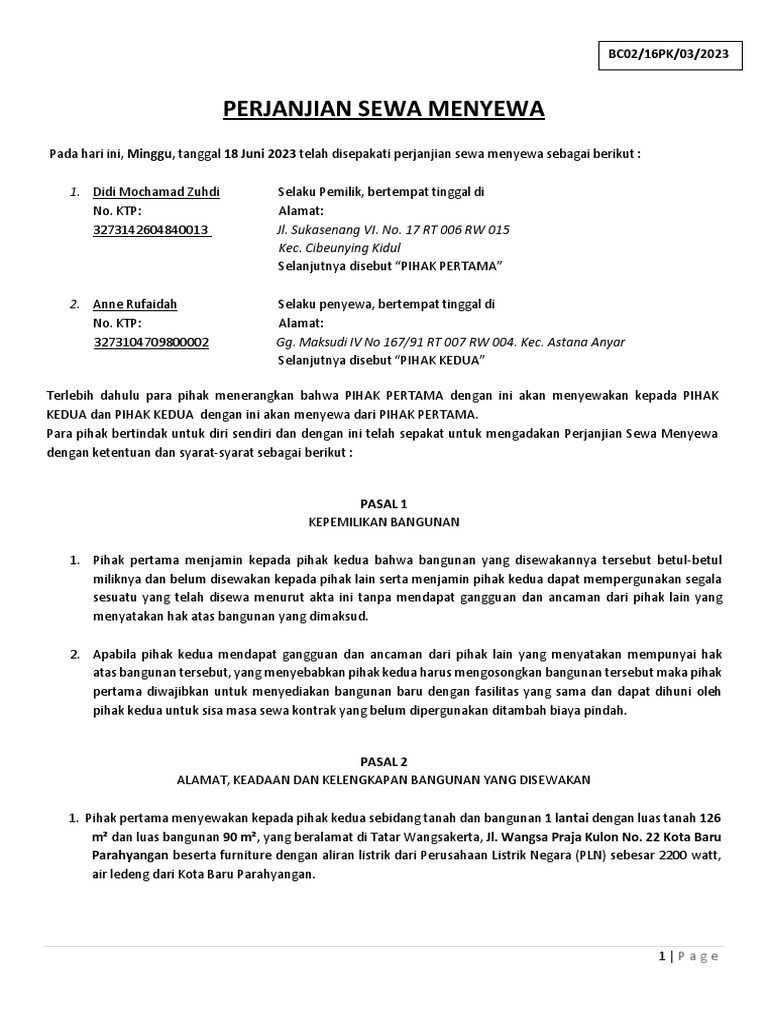 Lease Agreement Wangsa Praja Kulon 22 | PDF | Hukum