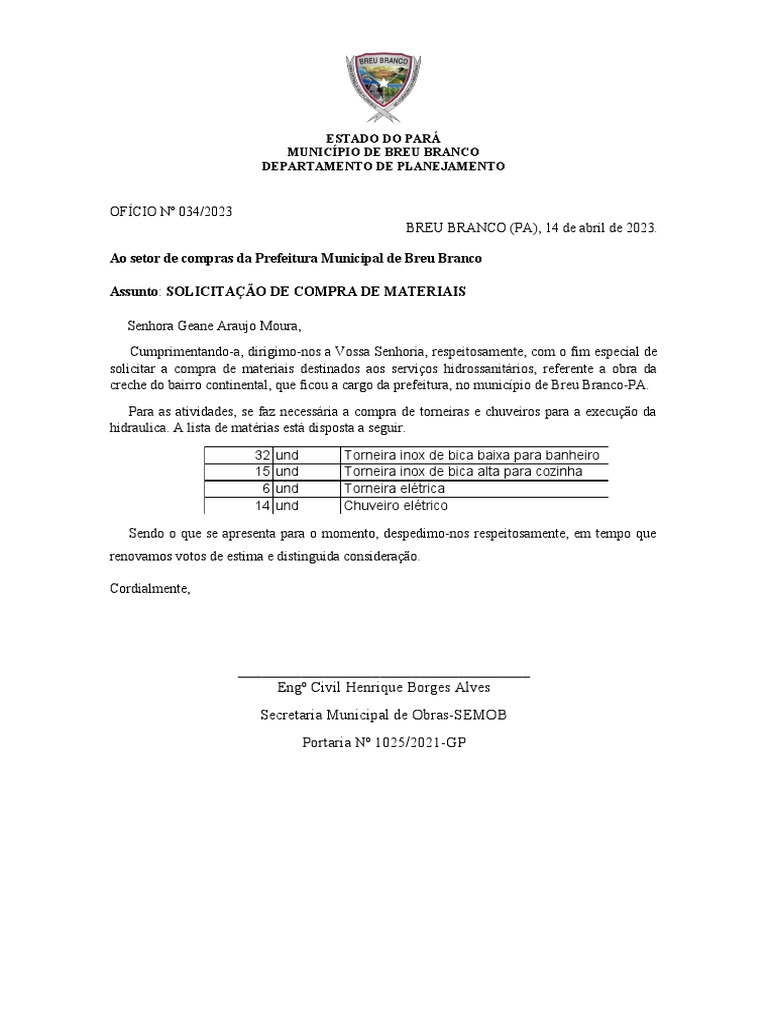 Oficio 034-2023 (Compra de Material) | PDF