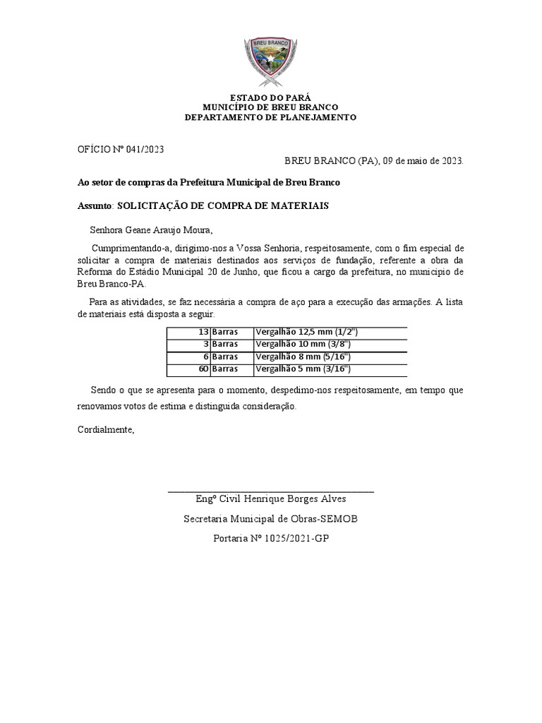Oficio 041-2023 (Compra de Material) | PDF