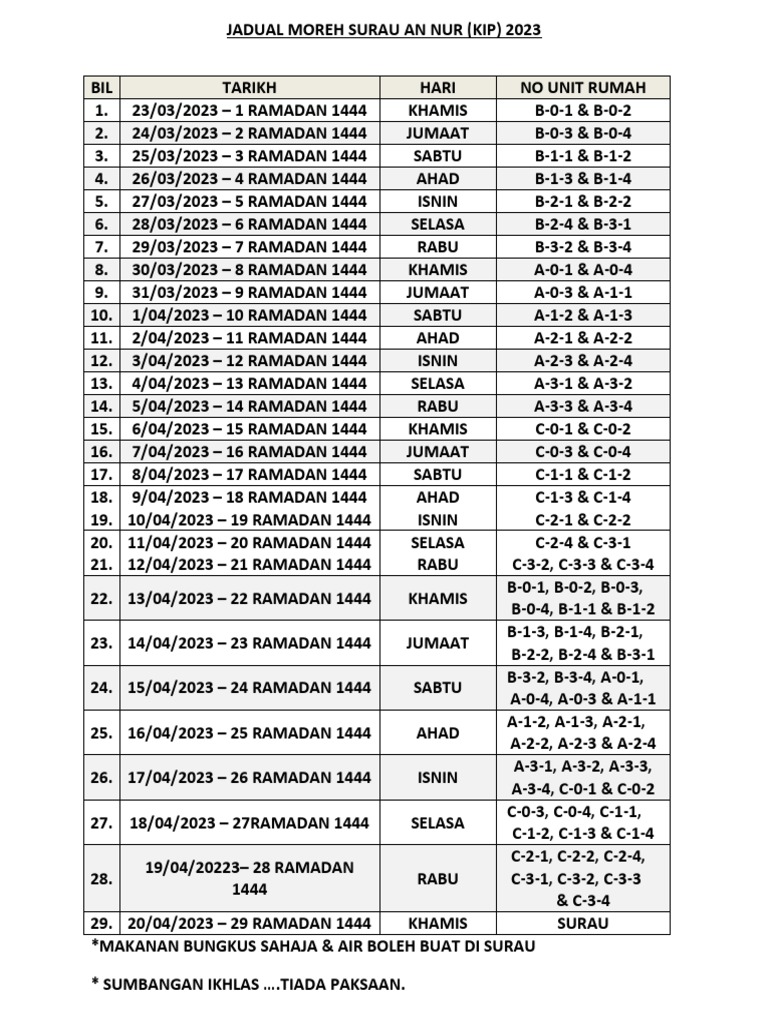Jadual Moreh Surau An Nur 2023 Pdf