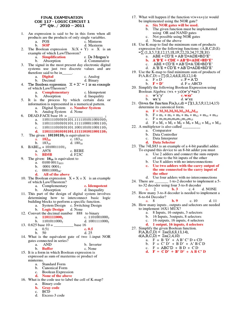 LOGIC - CIRCUITS Final Exam Q2 2010 - 2011 Problems and Answer Key | PDF | Logic Gate | Computer ...