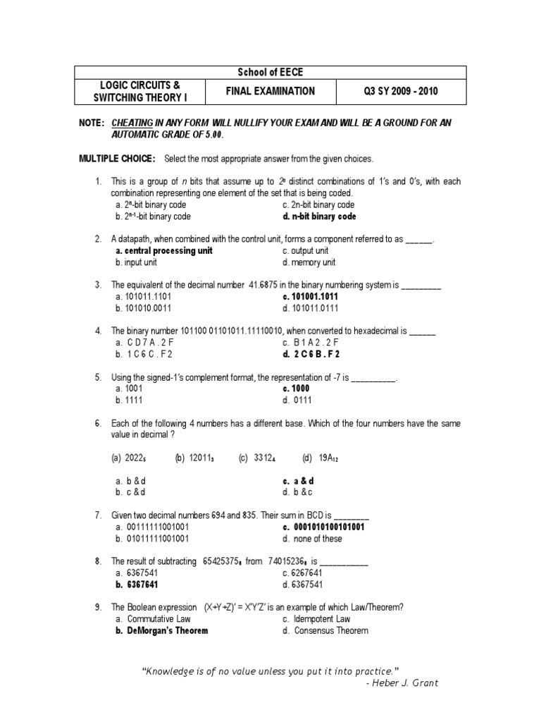 LOGIC - CIRCUITS Final Exam Q3 2009 - 2010 ANSWER KEY Ver 2003 | PDF | Logic Gate | Teaching ...