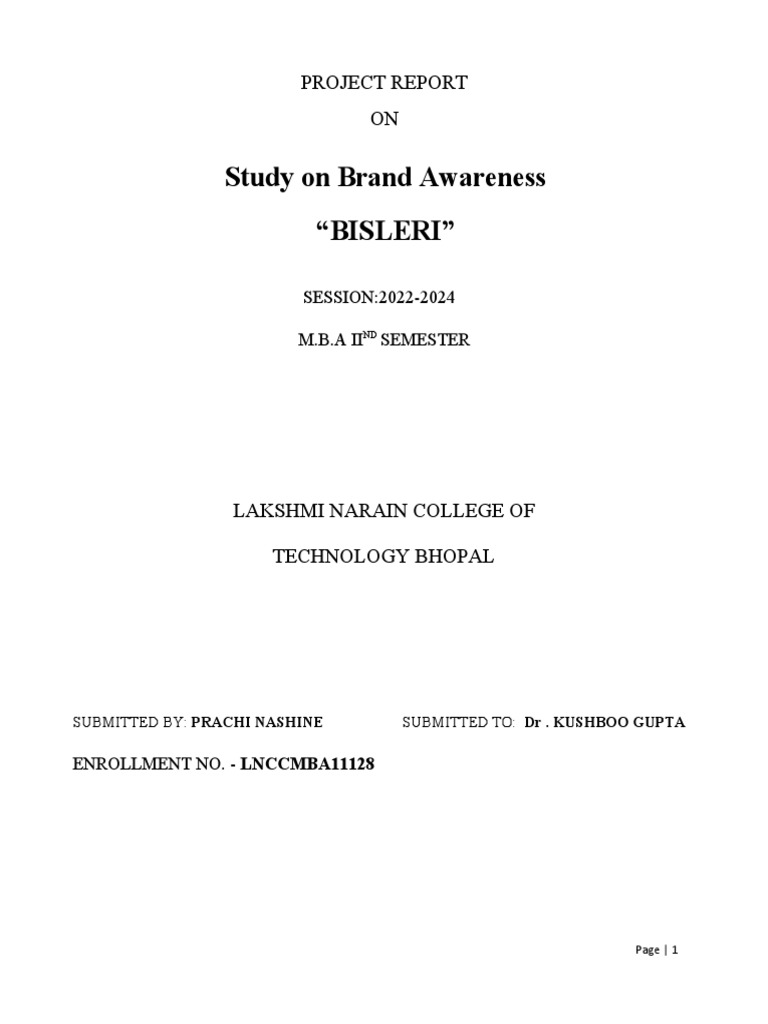 A Study On Brand Awareness at Bisleri International PVT Ltd. (5) 1-1 ...