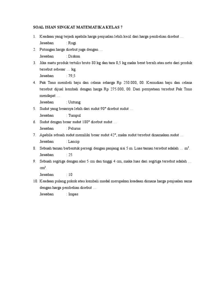 Soal Isian Singkat Matematika Kelas 7 | PDF