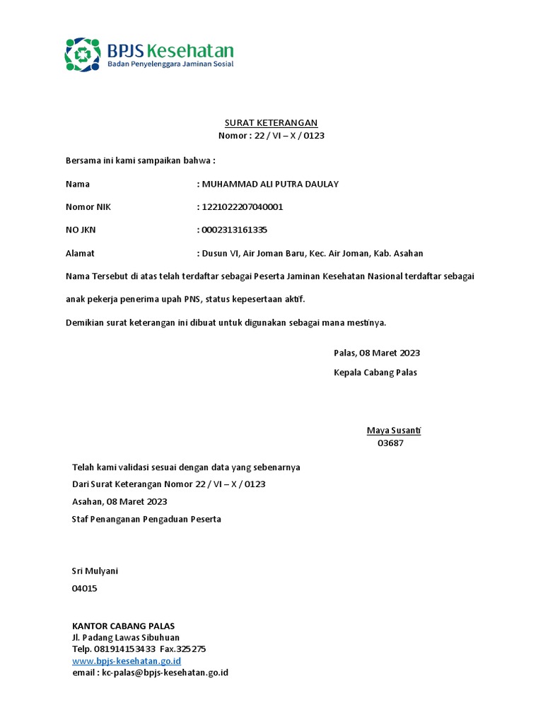 Surat Keterangan Bpjs | PDF