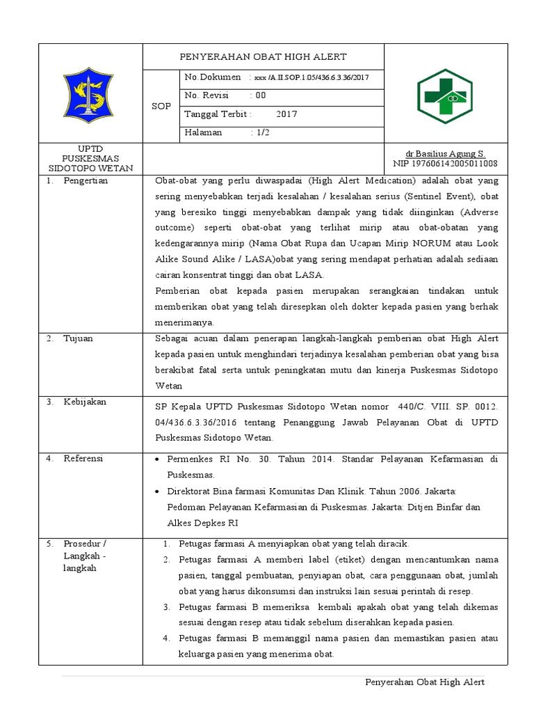 Sop Penyerahan Obat High Alert | PDF