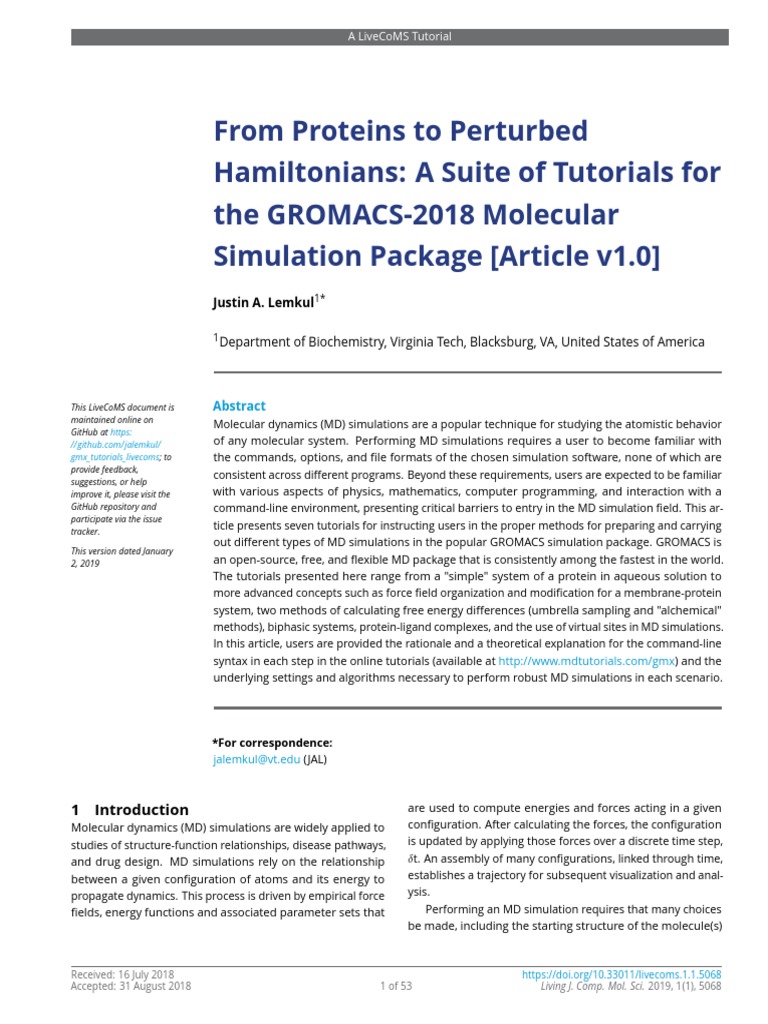 From Proteins To Perturbed Hamiltonians: A Suite of Tutorials For The GROMACS-2018 Molecular ...