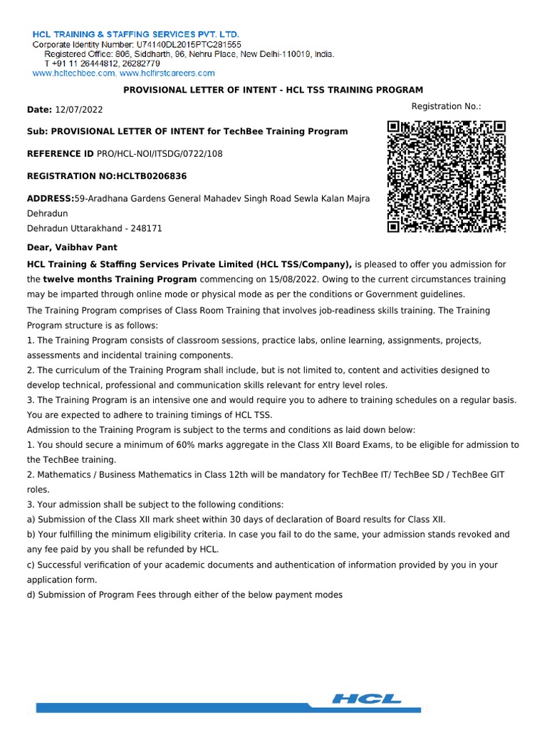 HCL Techbee Offer Letter HCLTB0206836 | PDF | Banks | Loans