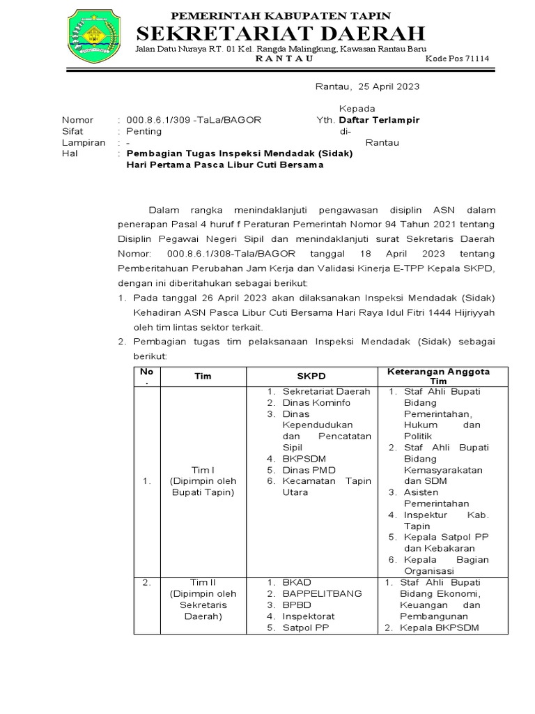 Tugas Sidak ASN Pasca Cuti Bersama | PDF