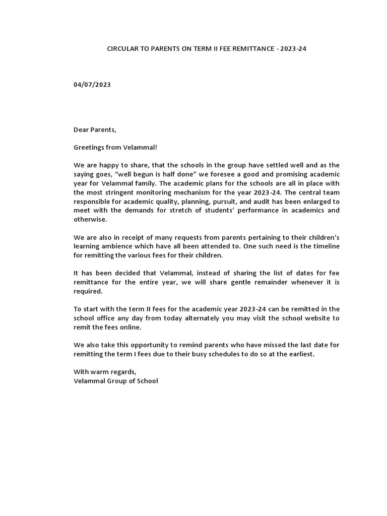 Circular To Parents On The Plans For The Academic Year 2023 - 24 | PDF