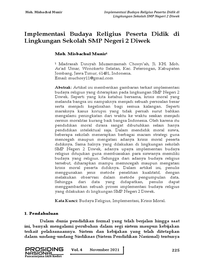 Implementasi Budaya Religius di SMP Diwek | PDF