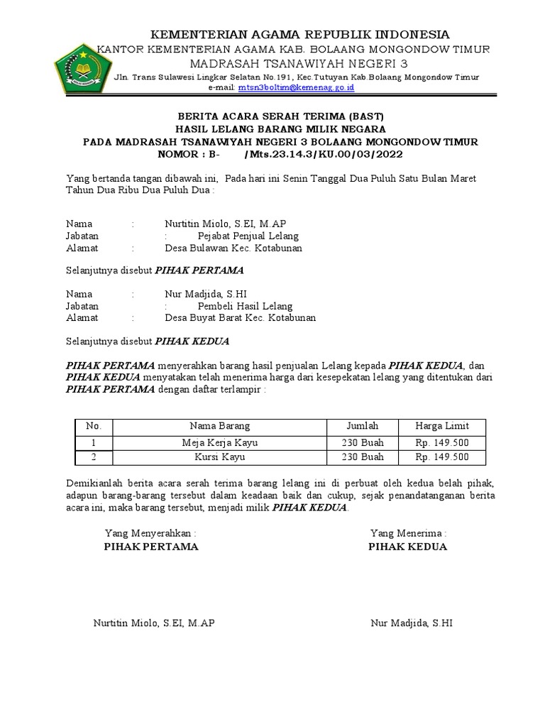 Berita Acara Serah Terima Barang Lelang | PDF