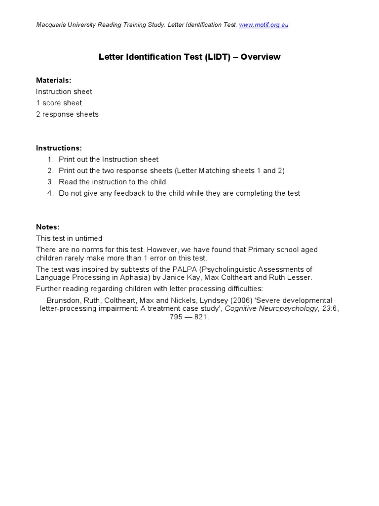Letter ID Test for Kids | PDF | Mental Processes | Behavioural Sciences
