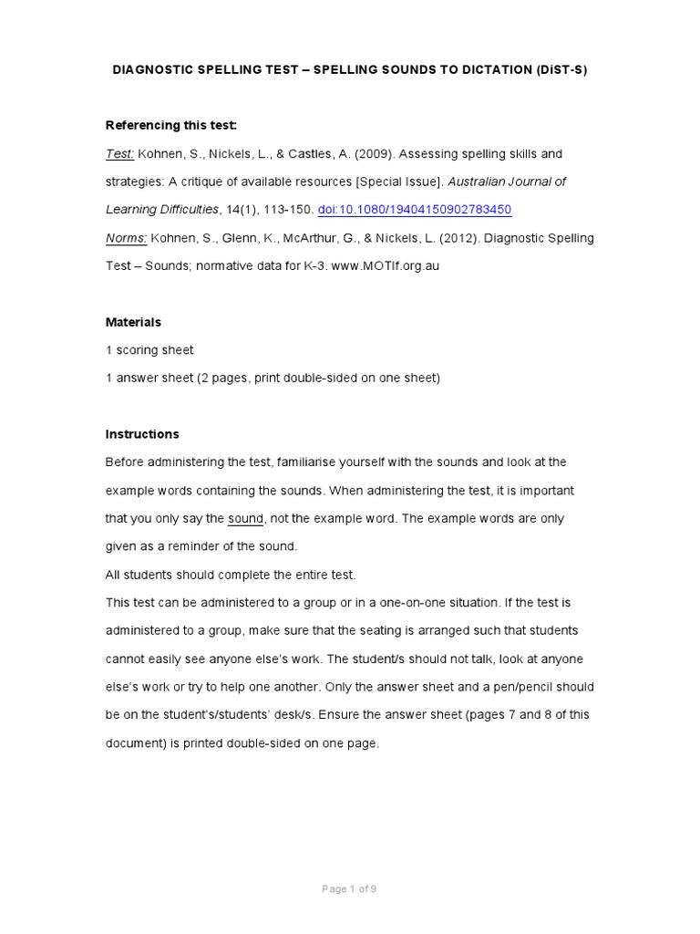 Diagnostic Spelling Test Instructions | PDF | Spelling | Software Testing