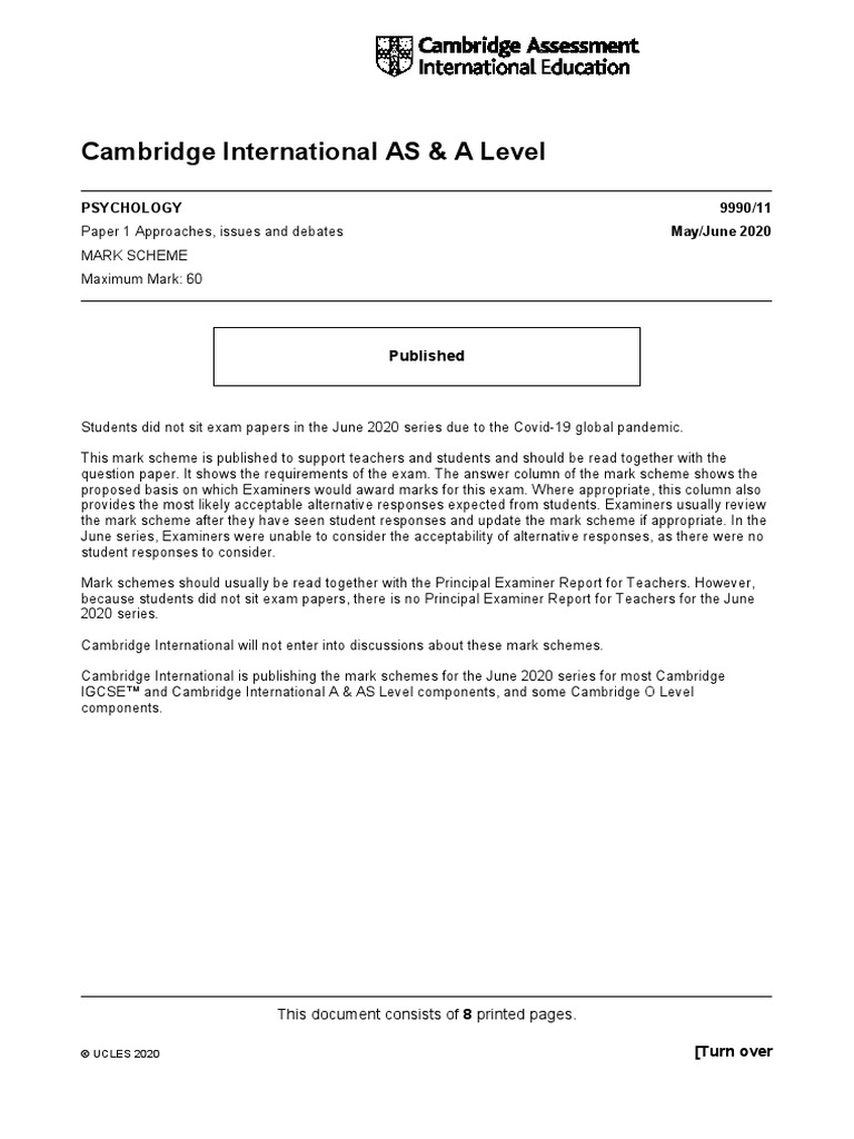 Cambridge International AS & A Level: Psychology 9990/11 May/June 2020 ...