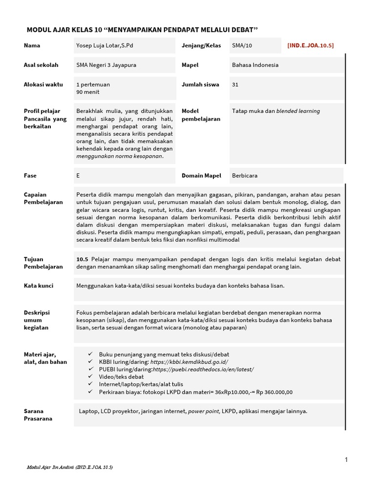 MODUL AJAR KELAS 10 Debat | PDF