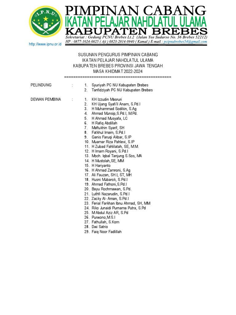 SUSUNAN PENGURUS PC IPNU KAB. BREBES 2022-2024 | PDF
