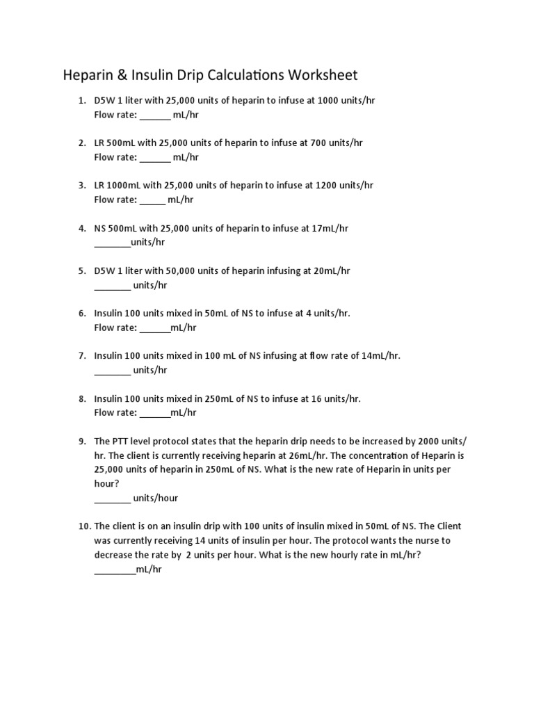 HeparinInsulin Worksheet | PDF
