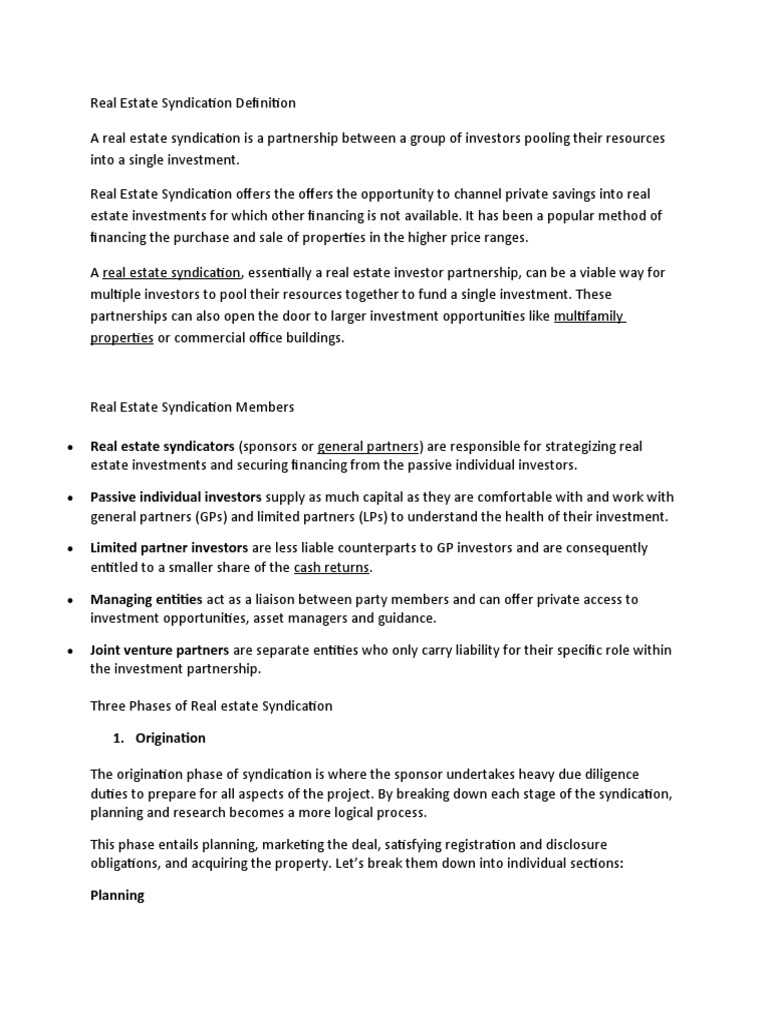 Real Estate Syndication | PDF | Syndicated Loan | Investing