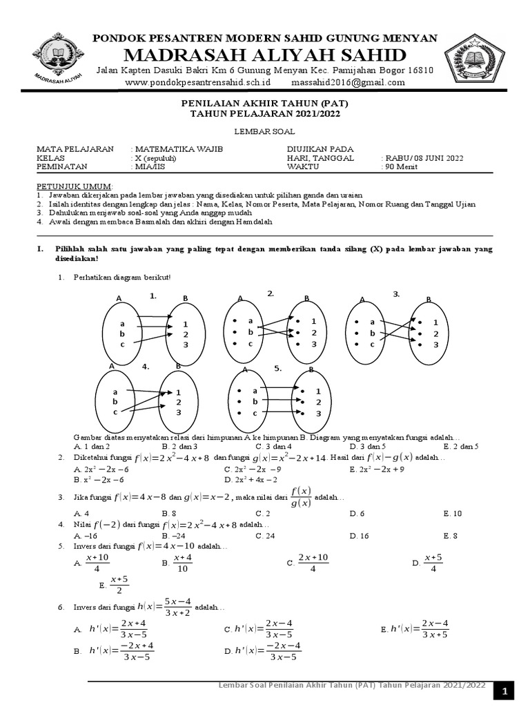 NASKAH SOAL PAT X MTK Wajib | PDF