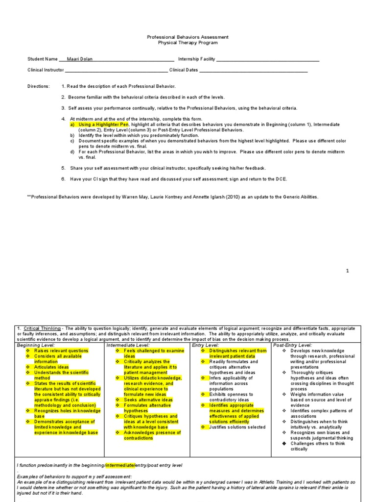 Professional Behaviors Student Self Assessment 4 2010 Generic Abilities ...