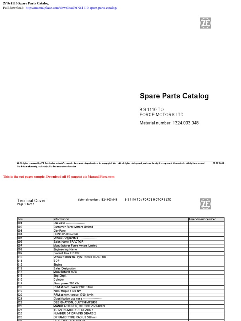 ZF 9s1110 Spare Parts Catalog | PDF