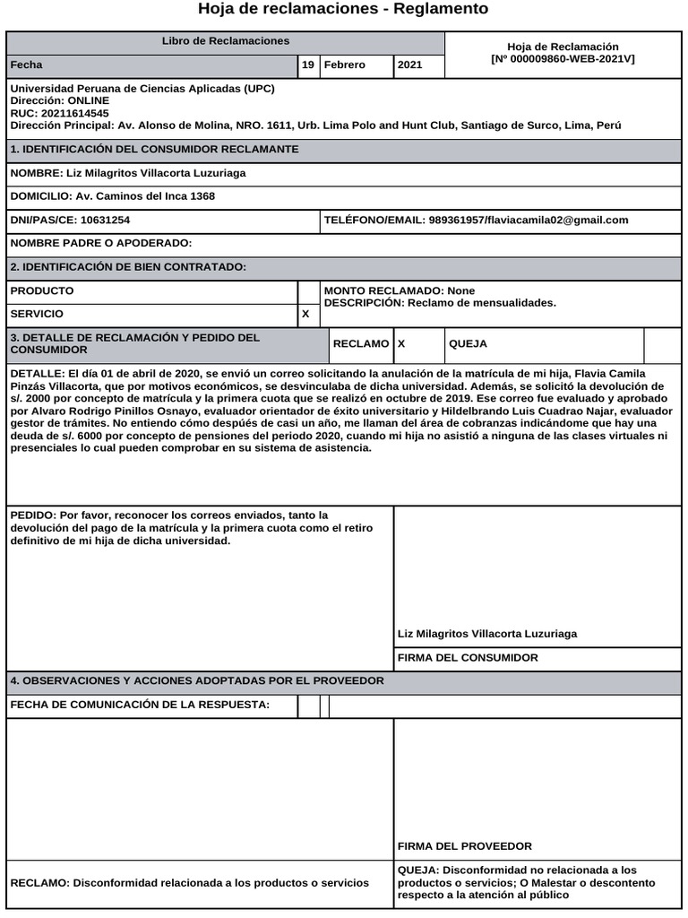 Hoja de Reclamación UPC | PDF