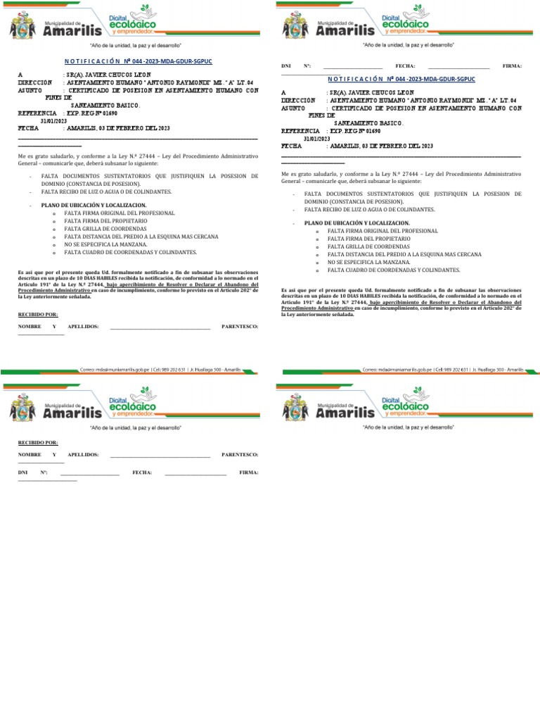 NOTIFICACIONES N°044-2023-JAVIER CHUCOS LEON-CERTIFICADO DE POSESION EN ...