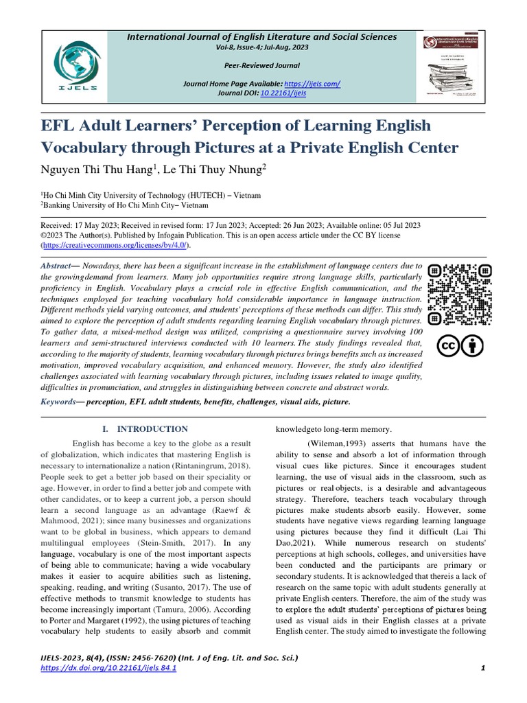 EFL Adult Learners' Perception of Learning English Vocabulary Through ...