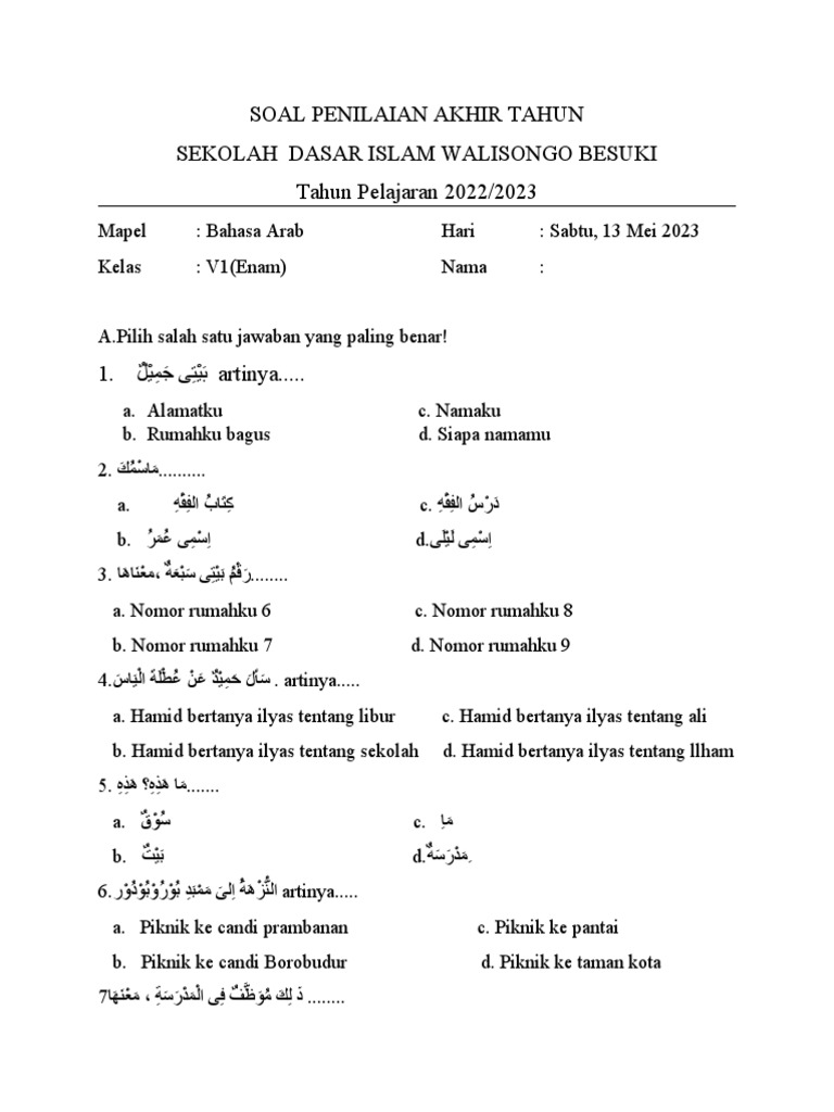 Soal Ujian Sekolah Kelas 6 B.arab Sdi W9 | PDF