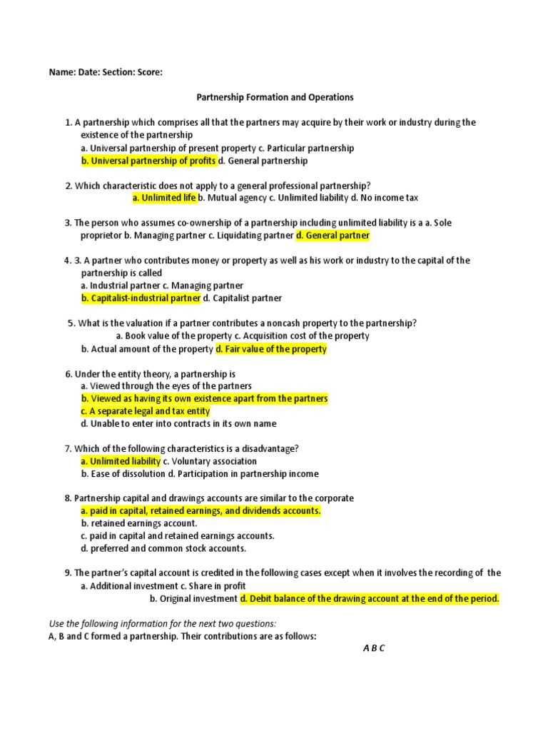 Partnership Formation Quiz Questions | PDF | Partnership | Retained ...