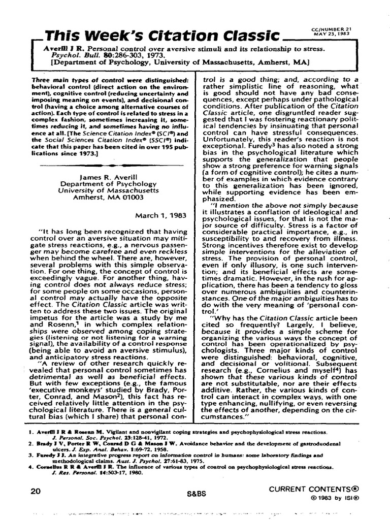 Averill J R Personal Control Over Aversi | PDF | Stress (Biology ...