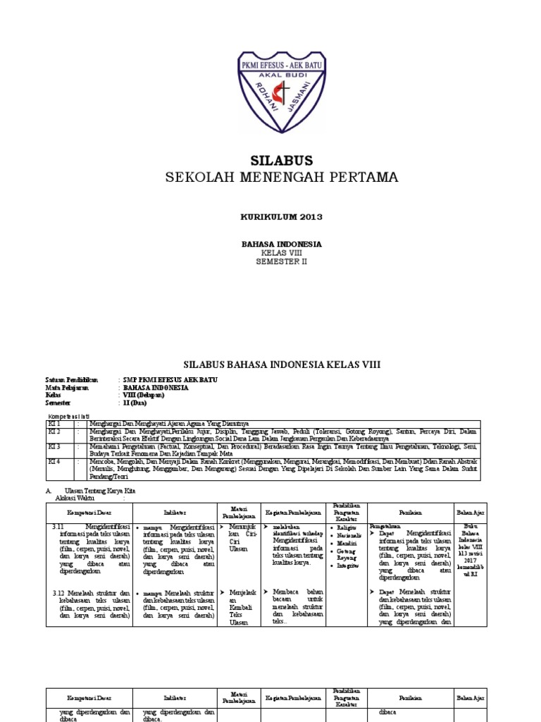 Silabus Bahasa Indonesia Kelas VIII SMP | PDF