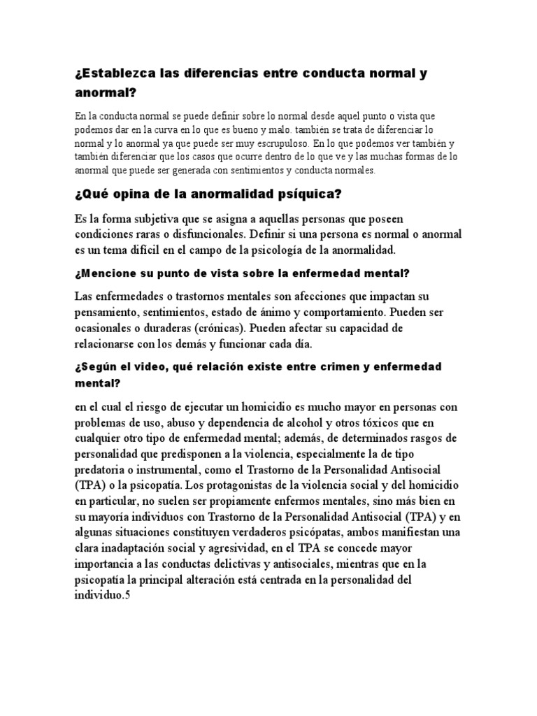 Diferencias entre Conducta Normal y Anormal | PDF | Relaciones ...