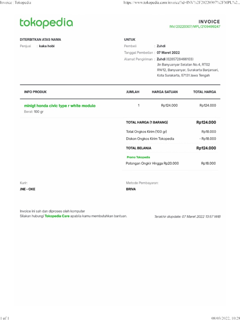 Invoice _ Tokopedia_ MiniGT Civic type R White Modulo | PDF