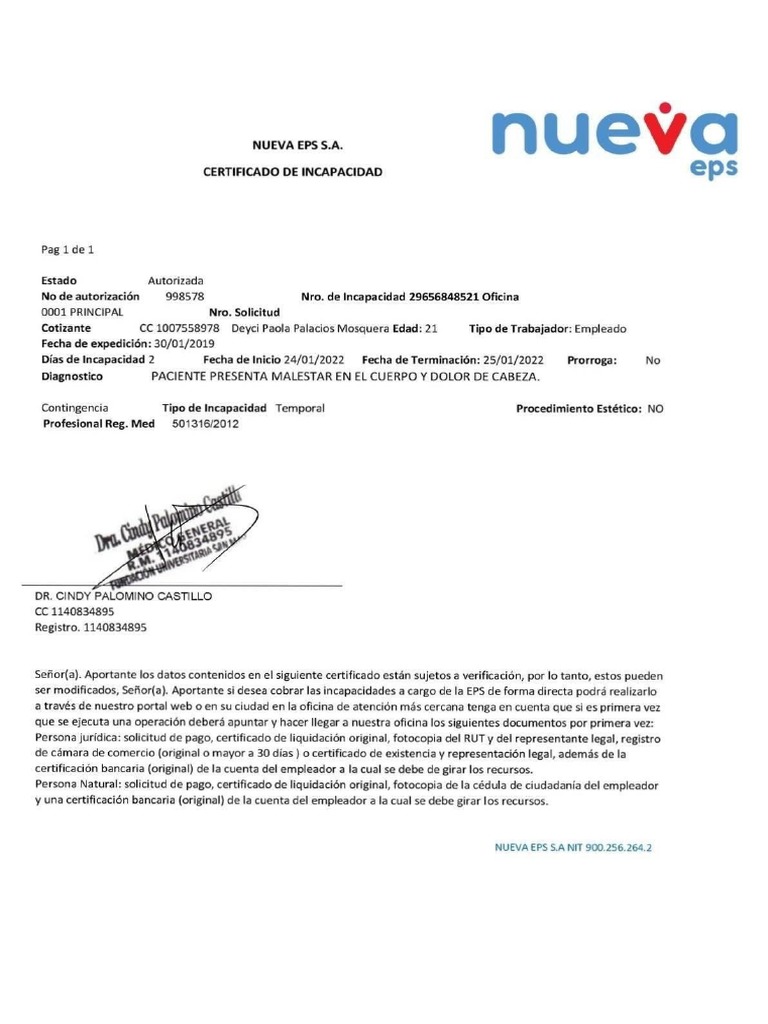 Certificado De Incapacidad Pdf