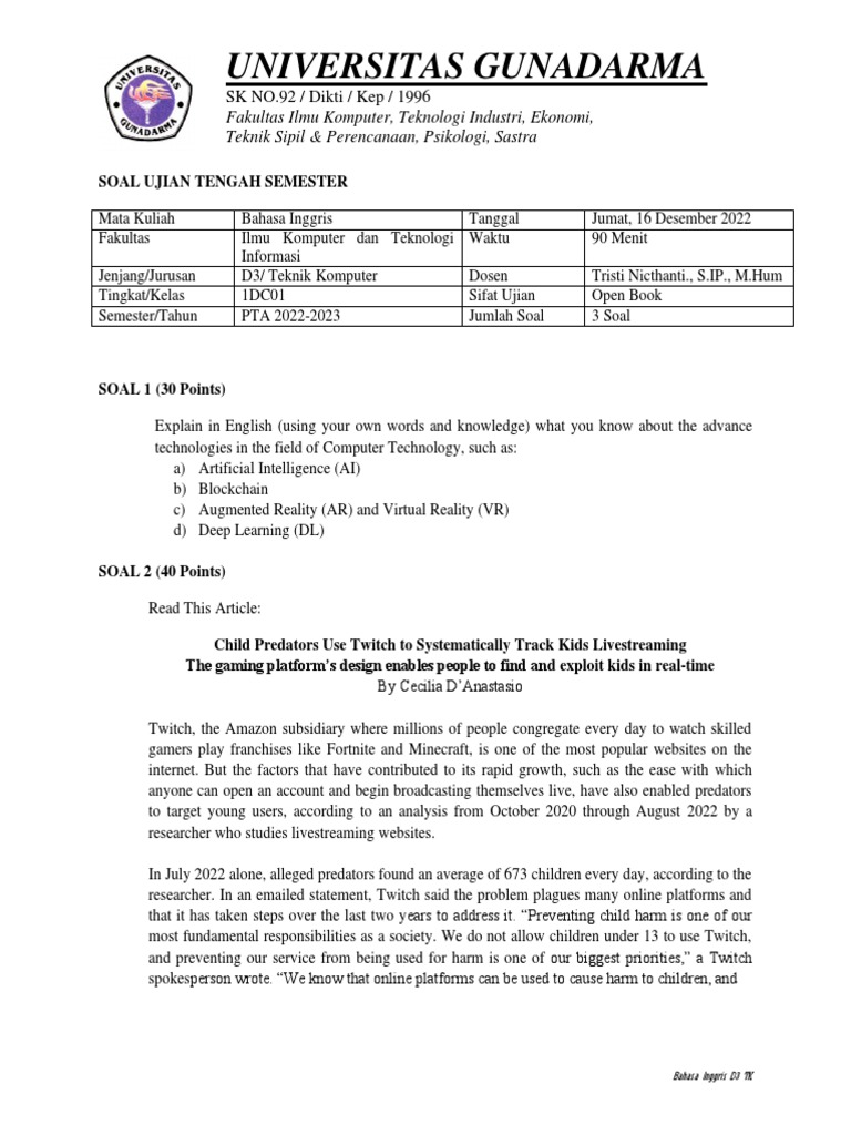 UTS Bahasa Inggris D3 TK - PTA 2022 2023 - 1DC01 - Tristi Nicthanti | PDF | Cyberspace ...