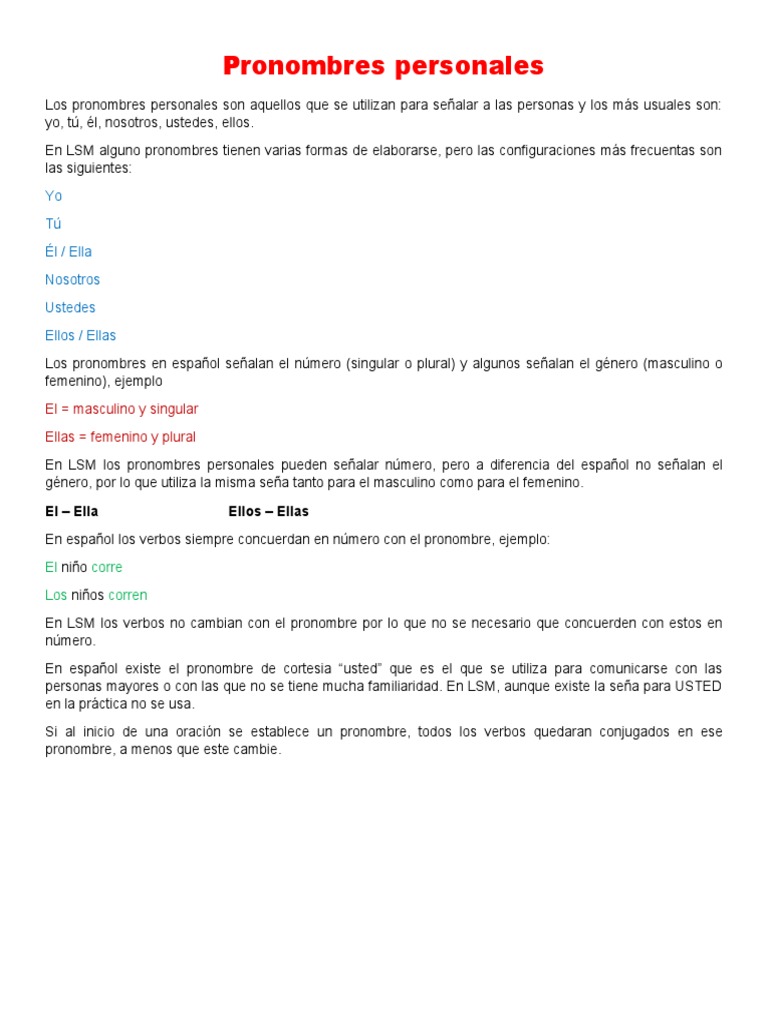 Pronombres Personales en Español y LSM | PDF | Artes del Lenguaje y ...