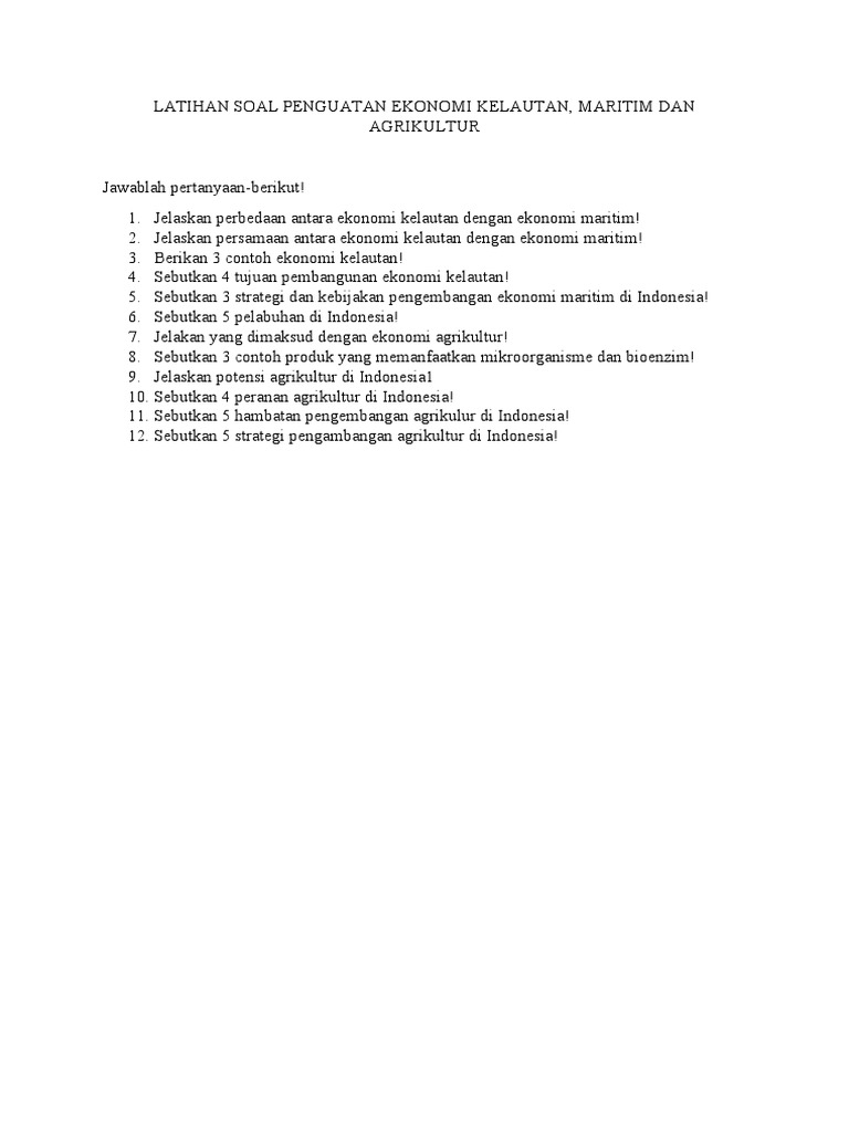 Latihan Soal Penguatan Ekonomi Kelautan, Maritim Dan Agrikultur | PDF ...