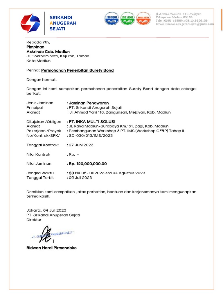 Surat Permohonan Surety Bond-Bosowa | PDF