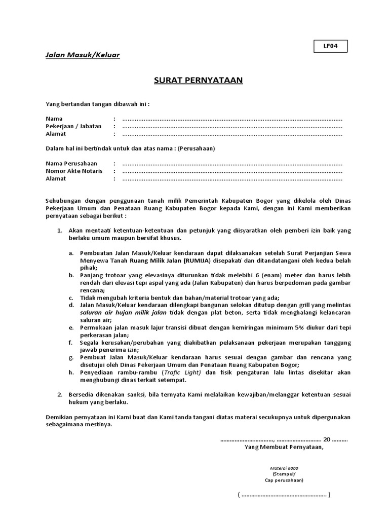 LF04 Surat Pernyataan Jalan Masuk Keluar Rumija | PDF | Bisnis | Komputer