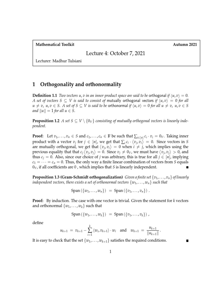 1 Orthogonality and Orthonormality: Lecture 4: October 7, 2021 | PDF ...