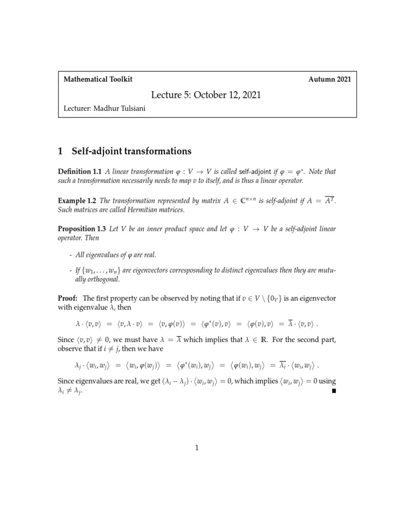 1 Self Adjoint Transformations Lecture 5 October 12 2021 Pdf Eigenvalues And Eigenvectors
