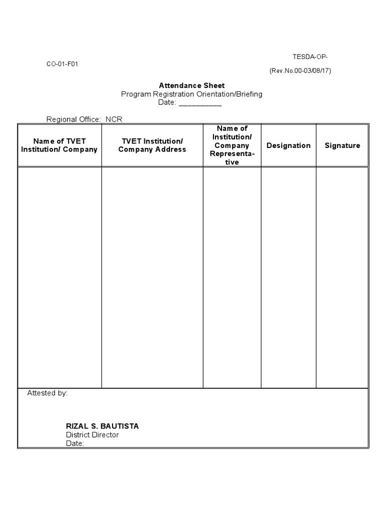 TESDA Attendance Sheet Template | PDF