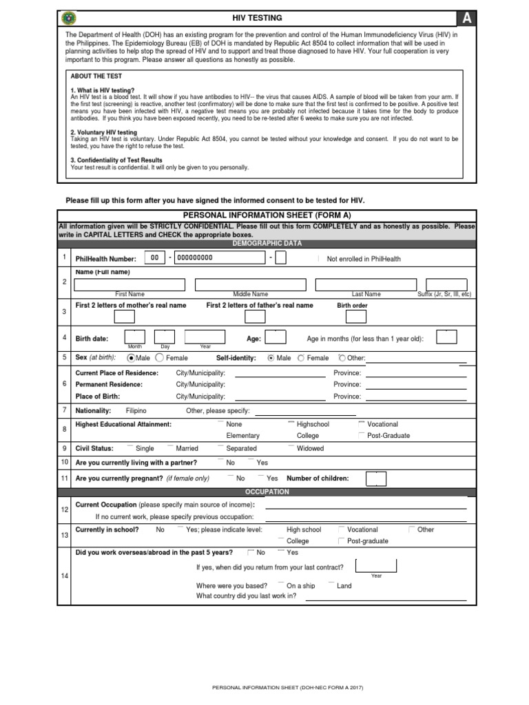 01-hiv-personal-information-sheet-form | PDF | Diagnosis Of Hiv/Aids ...