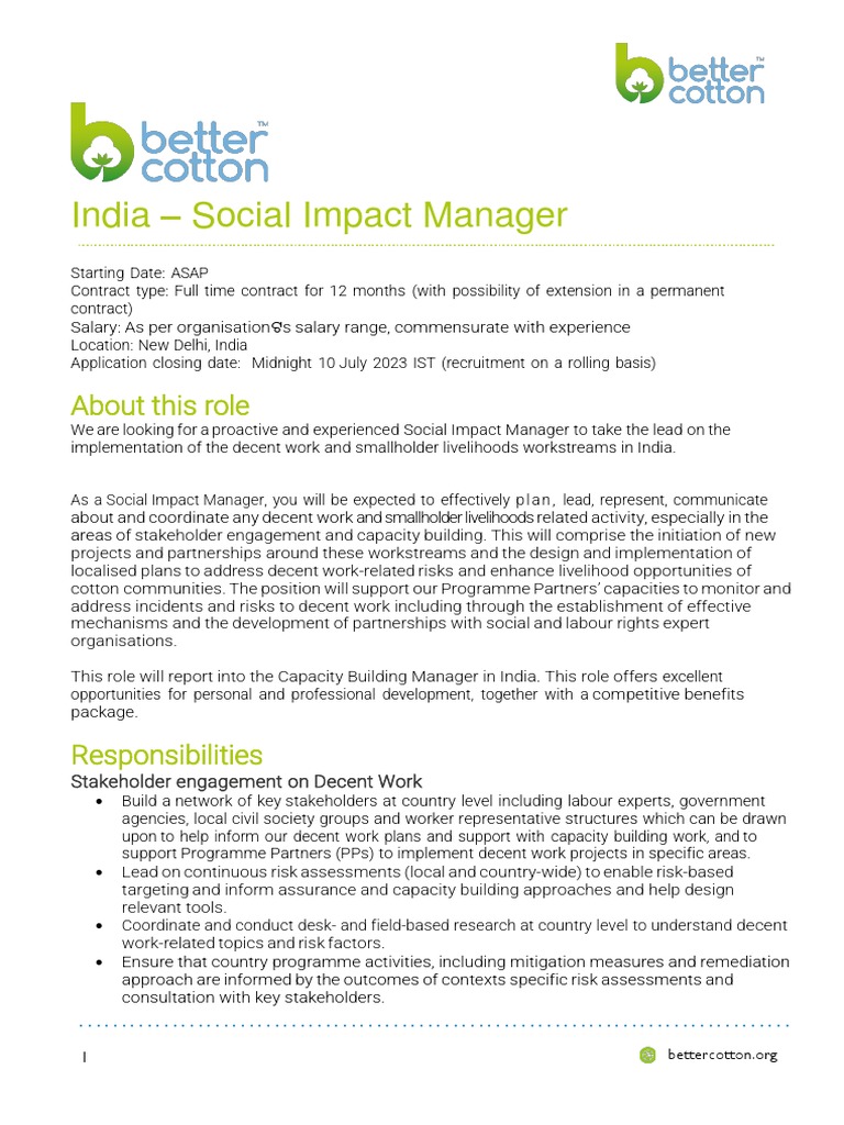 JD - Social Impact Manager - India 2 | PDF | Sustainability | Capacity ...