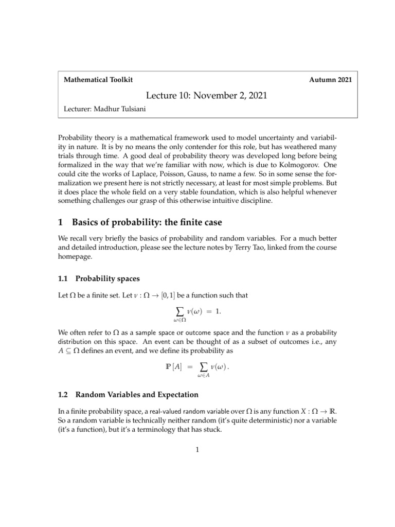 Lecture 10: November 2, 2021: 1 Basics of Probability: The Finite Case | PDF | Expected Value ...