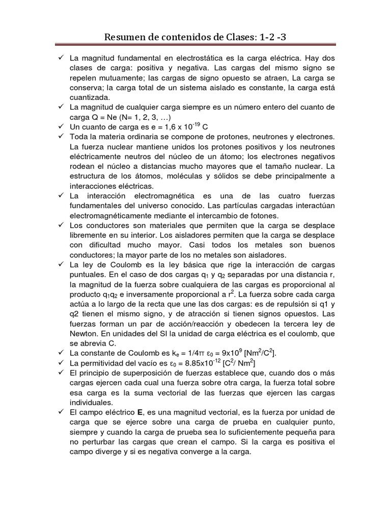 Resumen de Contenidos de Clases 1-2-3 | PDF | Carga eléctrica | Electricidad