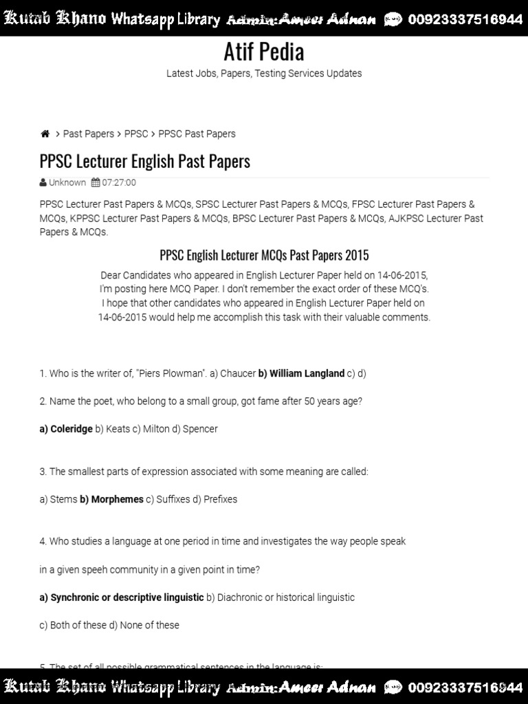PPSC Lecturer English Past Papers - Atif Pedia | PDF | Phonetics | Phoneme